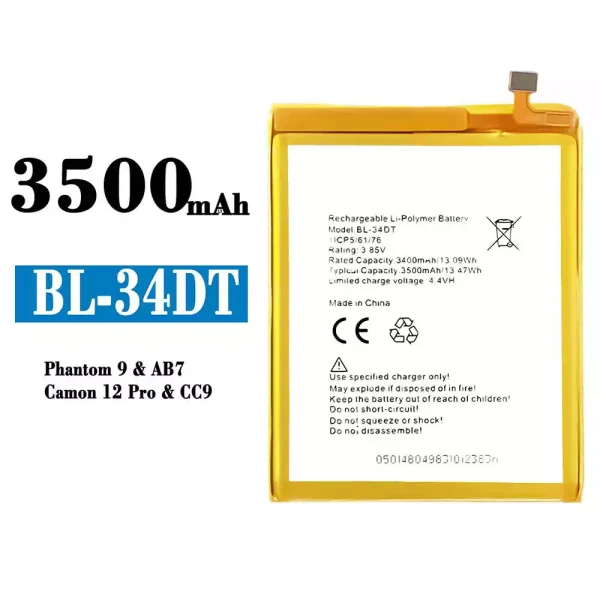 แบตเตอรี่โทรศัพท์มือถือ BL-34DT สำหรับรุ่น Tecno Phantom 9/ Camon 12 ...