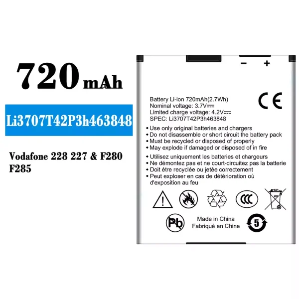 แบตเตอรี่โทรศัพท์มือถือ Li3707T42P3h463848 สำหรับรุ่น ZTE Vodafone 228 ...